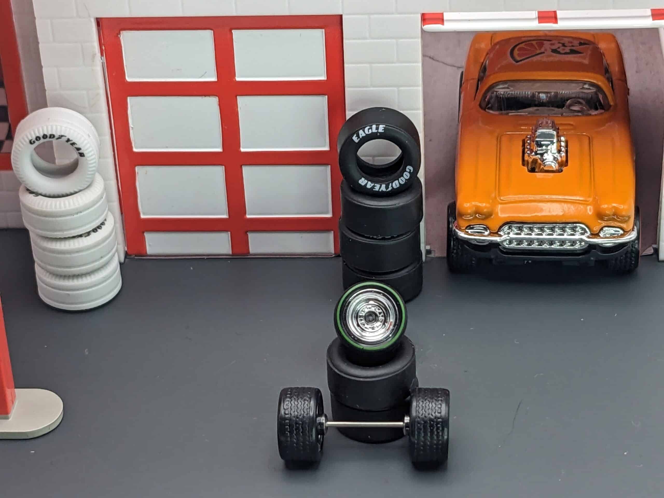 10mm Chrome Deep Dish with Green Stripe Tires (Mattel) - CTE Wheels